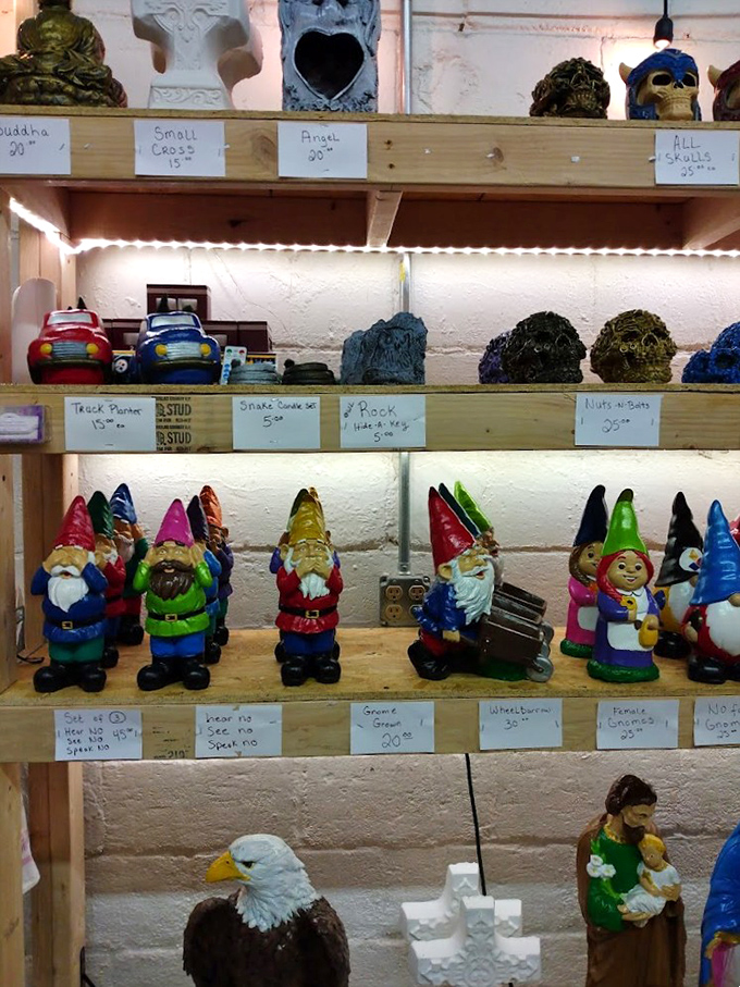 Garden gnomes and skull sculptures living in harmony on the same shelf - proof that at Trader Jack's, decorating styles from "cottage core" to "goth palace" coexist beautifully.