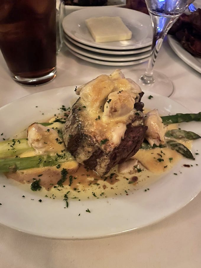 Surf meets turf in perfect harmony&mdash;a tender filet crowned with succulent crab and asparagus. Whoever said "you can't have it all" clearly never dined here.