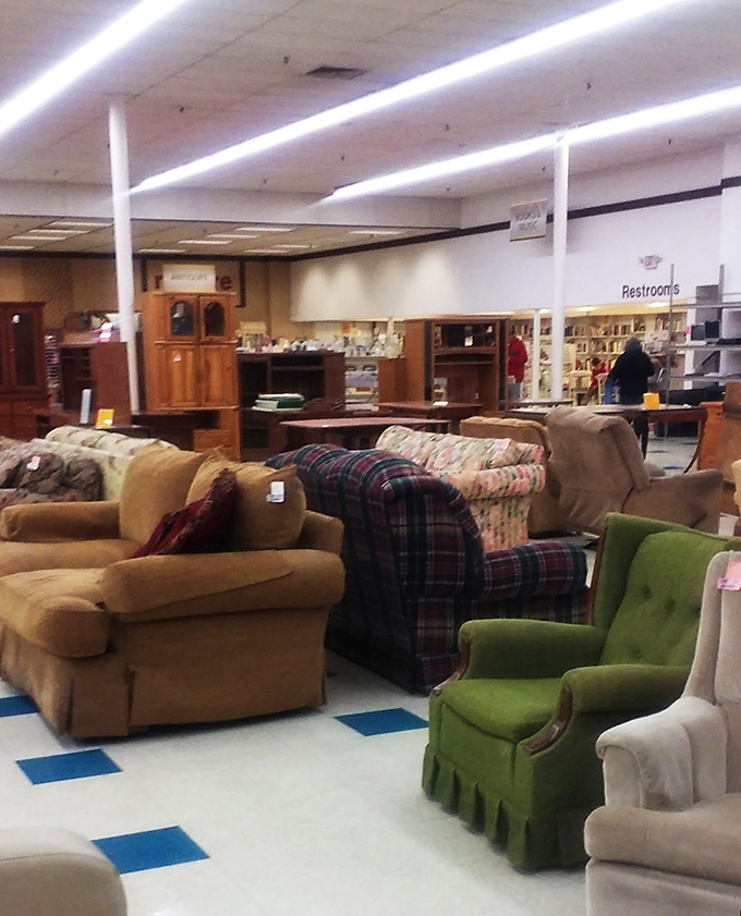 The furniture section resembles a living room reunion of decades past. That green armchair is practically begging to hear your life story.