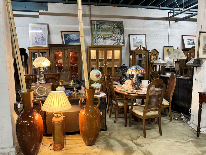 Mid-century dining sets waiting for their next family gathering. These chairs have heard decades of dinner conversations.