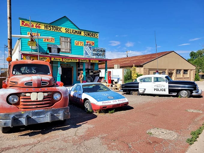 Historic Seligman Sundries looks like it was plucked straight from a movie set, with vintage vehicles standing guard like mechanical time travelers.