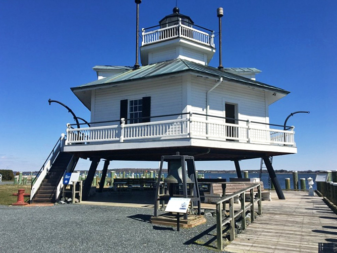 The Hooper Strait Lighthouse stands like a pristine white chess piece against the blue sky, a reminder of when navigation required more than just asking Siri for directions.
