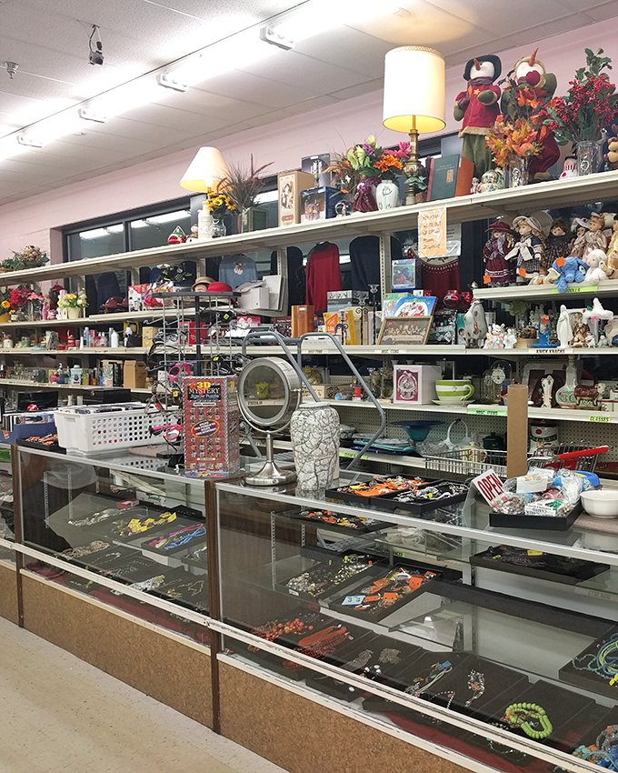 The jewelry counter gleams with possibility—one person's costume is another's statement piece waiting to happen.