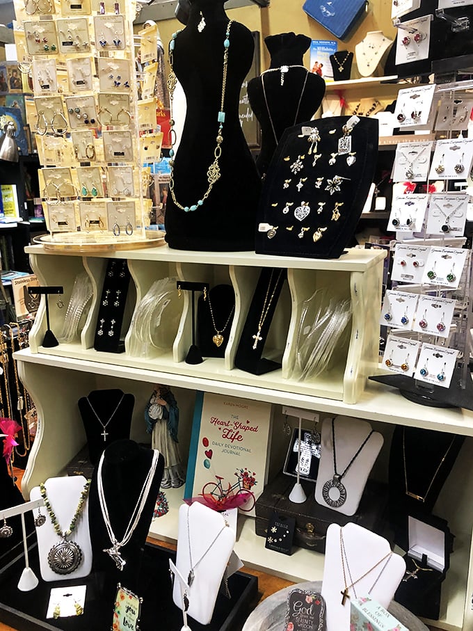 Sparkle seekers rejoice! This jewelry display offers everything from delicate crosses to statement necklaces. Your next conversation piece is hiding somewhere in this collection.