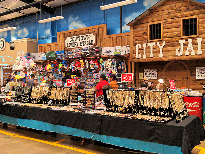 Cowtown meets gold rush under these blue skies. The jewelry displays glitter with possibility while toys beckon from behind&mdash;retail therapy at its most literal.