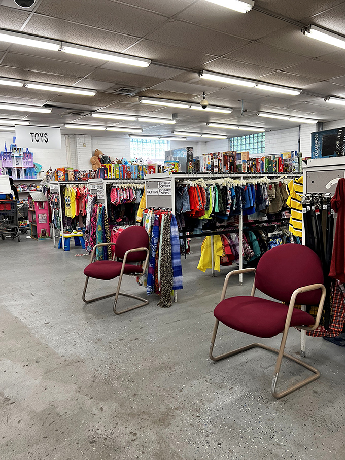 Where kids' fashion dreams come true without breaking the college fund. Those burgundy chairs look ready for their own secondhand stories.