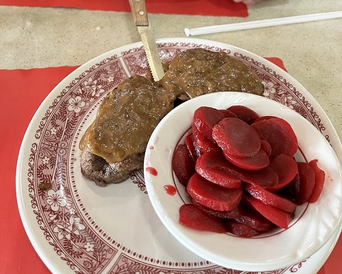 Comfort on a plate: savory meatloaf alongside vibrant pickled beets. Grandma would approve, and possibly get jealous.