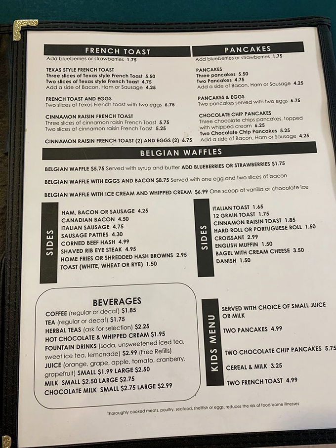 Breakfast paradise mapped out in black and white. Belgian waffles, Texas French toast, and pancakes that would make your grandmother proud.
