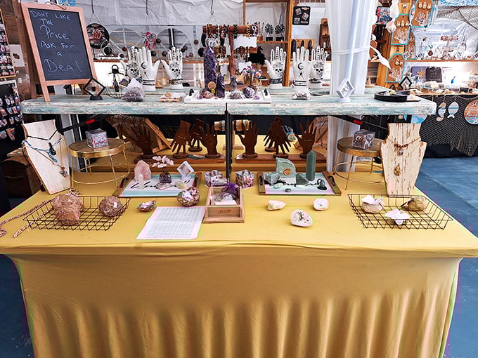 Crystal enthusiasts and mineral collectors, prepare your wallets! This display combines earth's treasures with handcrafted jewelry in a feast for the eyes.