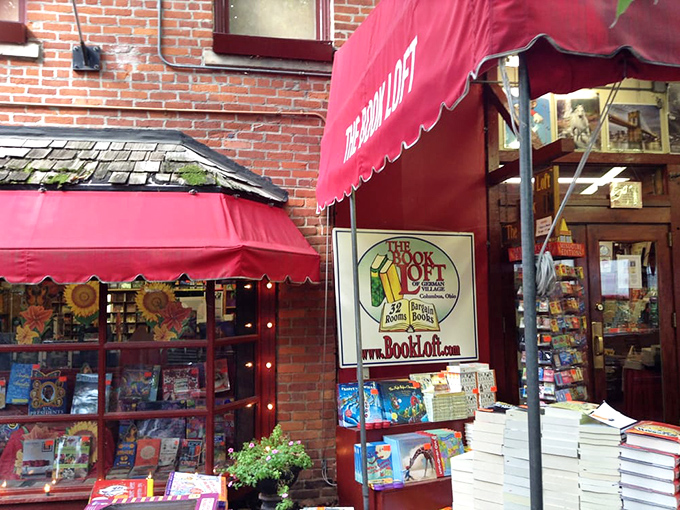 The Book Loft's charming exterior proudly announces its identity with vintage signage. That "32 rooms" isn't hyperbole&mdash;it's a reader's paradise mapped out in brick.