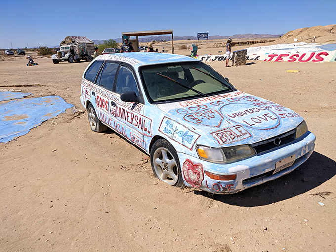 Even the cars get the technicolor treatment here. This sedan looks like it drove through a rainbow and decided to keep the souvenir.