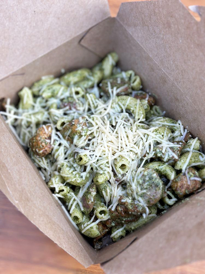 Pesto mac with chicken: Where herbaceous green meets creamy dream. It's like Italy and the American South had a delicious love child.