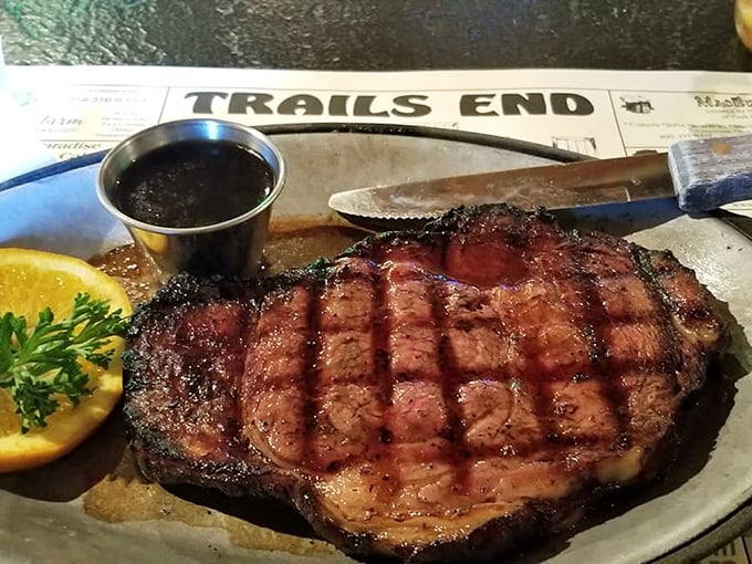 This isn't just a steak; it's a masterpiece of meat that makes vegetarians question their life choices. The grill marks tell stories of perfect timing.