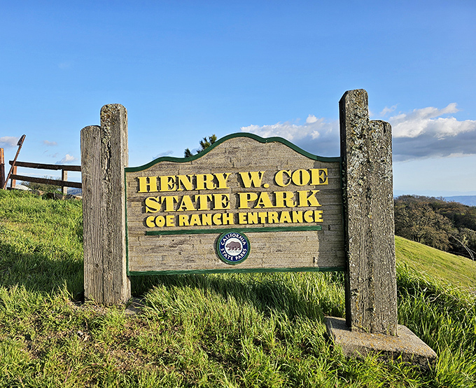 The wooden welcome sign that says, "Congratulations, you've found California's best-kept secret!" Coe Ranch Entrance marks the threshold to wilderness.