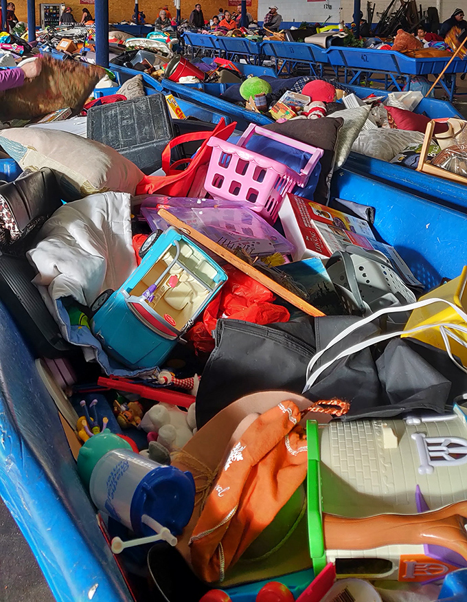Behold the magnificent jumble! Each blue bin contains potential discoveries nestled among everyday castoffs, like archaeological digs where the artifacts are still usable.