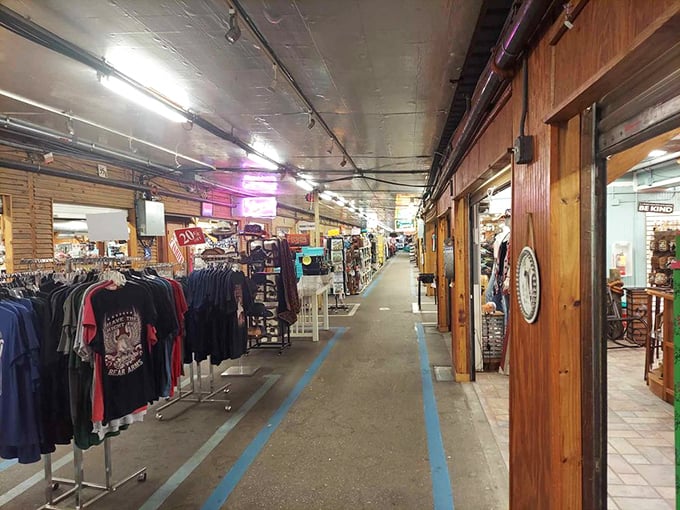 Down this corridor of possibilities, clothing vendors display their wares like a fashion time machine, offering everything from contemporary styles to nostalgic throwbacks.