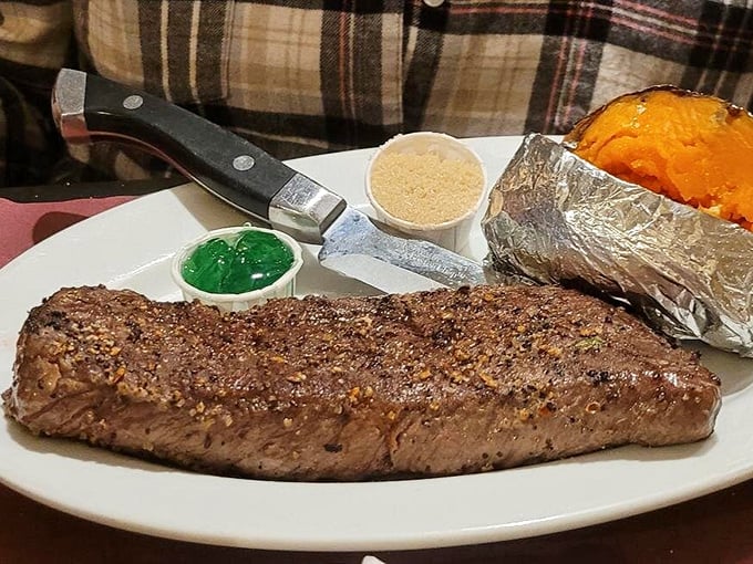 Behold the star of the show: a perfectly seared steak with that magical crust that makes time stand still and conversation cease.