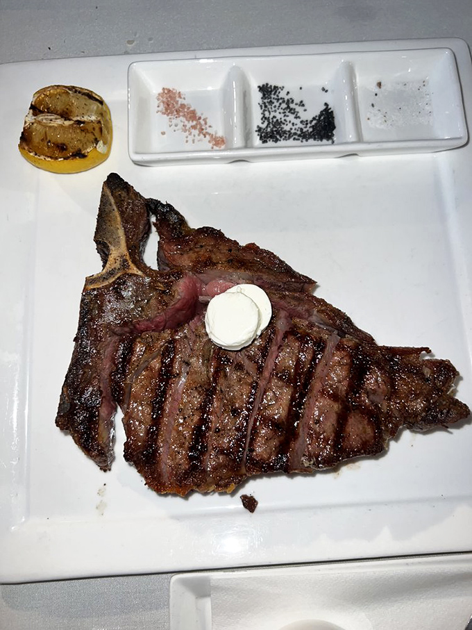 Behold the T-bone in all its primal glory, complete with salt varieties that would make a geologist weep with joy.