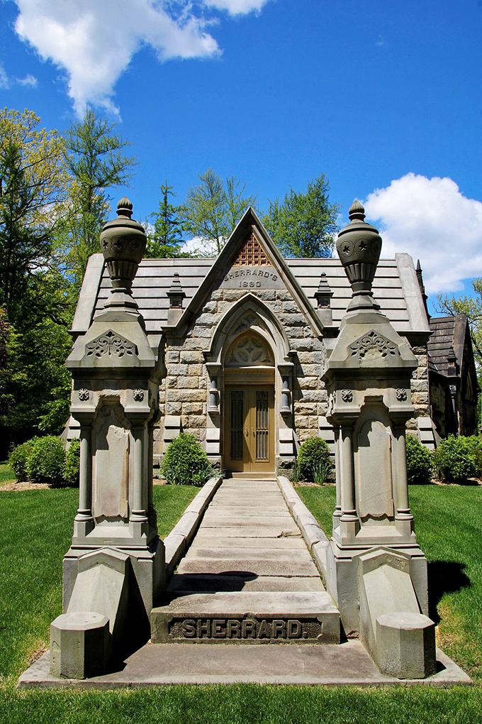 The Sherrard mausoleum stands as Victorian-era architectural eye candy, proving that even final resting places in Steubenville come with character and craftsmanship.