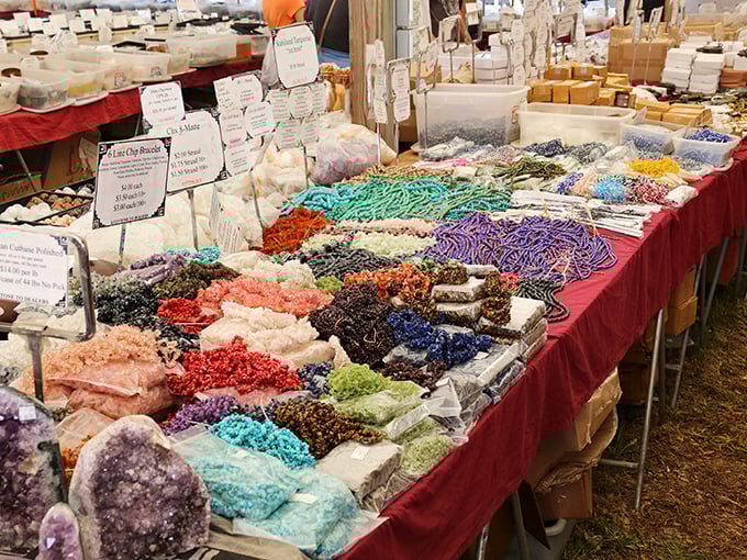 Nature's jewelry box exploded across this vendor's table. Beads and gemstones in every imaginable hue create a kaleidoscope effect that would make a magpie swoon with envy.