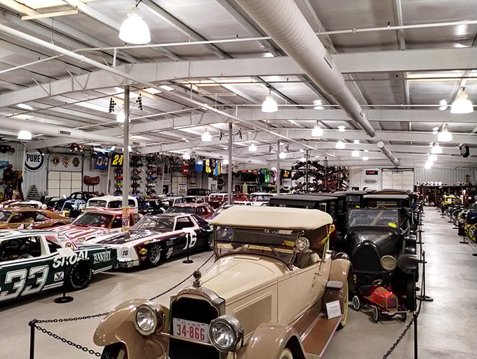 Where else can you see a cream-colored 1930s convertible parked next to NASCAR history? Memory Lane's eclectic collection spans the entire automotive timeline.
