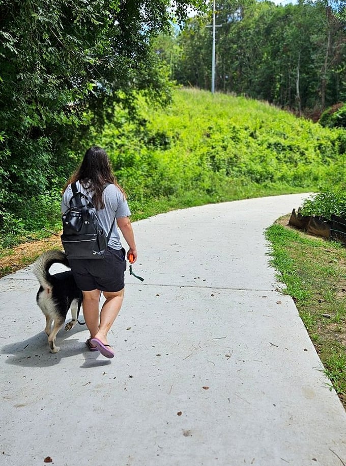 The paved trails welcome everyone from serious marathon trainers to four-legged companions who insist on stopping at every interesting smell.