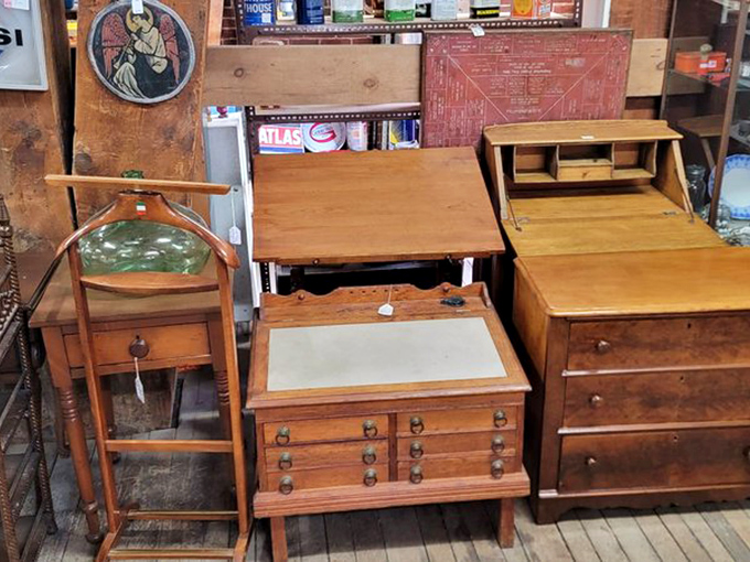 Furniture with history&mdash;these aren't just tables and cabinets, they're time capsules with drawers. That roll-top desk has probably seen more secrets than a small-town hairdresser.