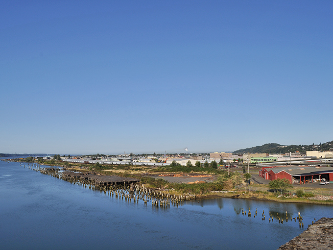 Aberdeen from above reveals its thoughtfully planned layout. The Columbia River curves gracefully past this affordable riverside community.
