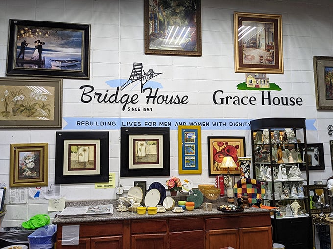 Wall-to-wall wonders! Bridge House's collectibles section showcases everything from fine art to quirky conversation pieces.