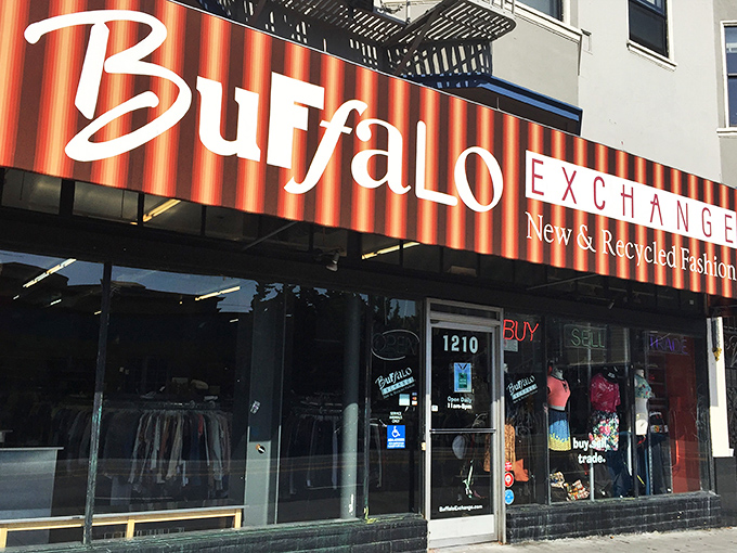 Buffalo Exchange's vibrant striped awning signals you've found the mother lode of curated secondhand fashion in San Francisco.