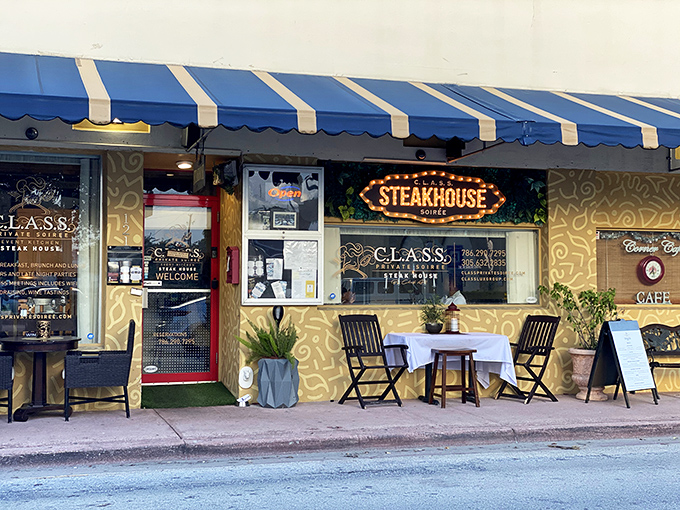 CLASS Steakhouse glows with golden promise against the Hollywood night - a beacon for serious steak lovers.