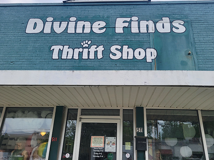 Divine Finds' turquoise exterior hints at the colorful treasures within. This boutique thrift shop proves secondhand can be first-rate!
