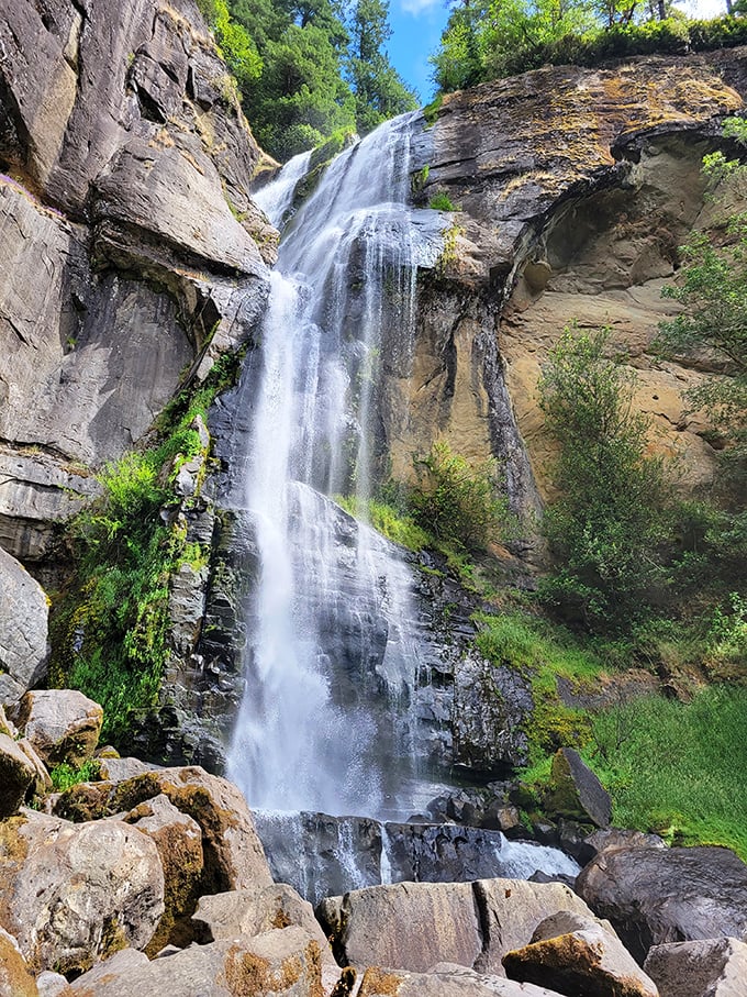 Gravity's artwork on full display. Golden Falls plunges with the confidence of a natural showoff.