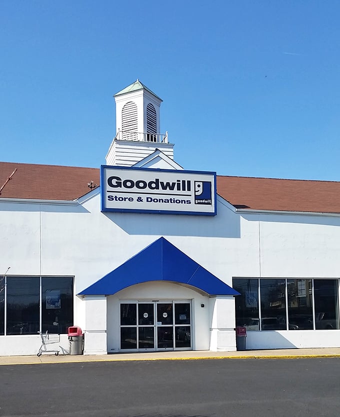 Goodwill's distinctive church-like tower stands as a beacon for bargain hunters seeking salvation from retail prices.