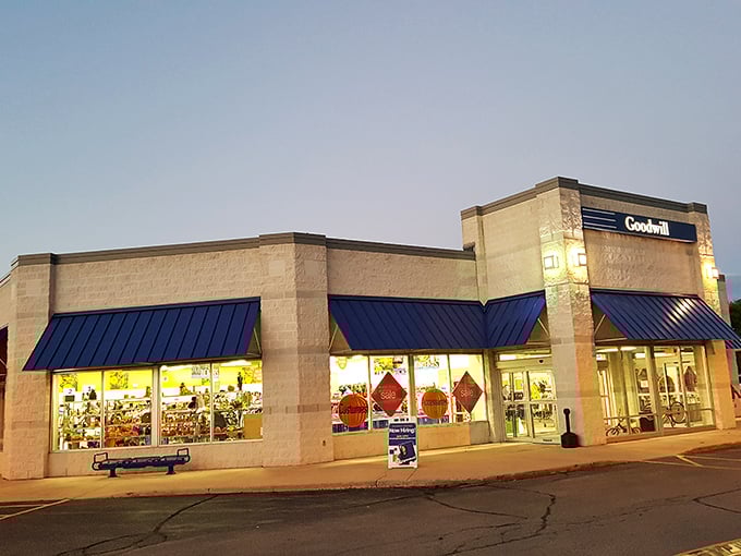 Goodwill's evening glow transforms this thrift store into a magical realm of possibility. Night shopping adds an extra thrill to the hunt!