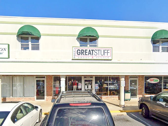 Those charming green awnings at Great Stuff are like nature's way of saying, "Psst... the good stuff's in here!"