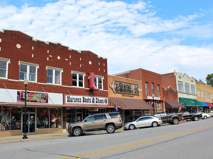 Harrison's red brick Warnock building stands as a testament to small-town perseverance. That green awning practically beckons shoppers inside.