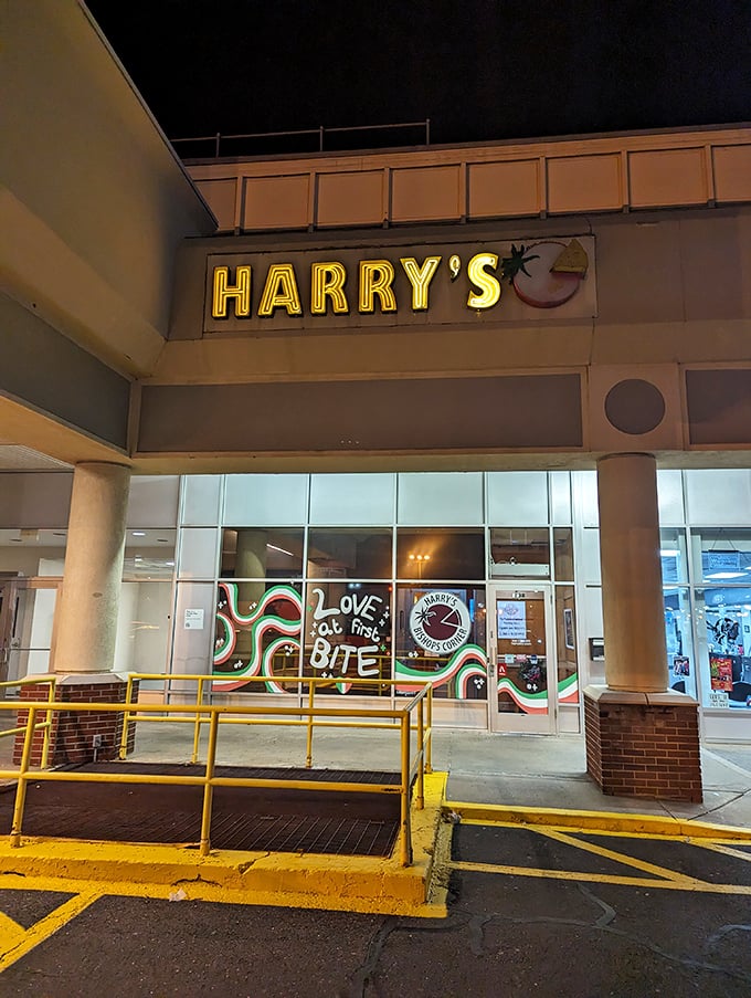 Harry's Bishops Corner: That glowing yellow sign cuts through the night like a pizza bat-signal for the hungry and discerning.