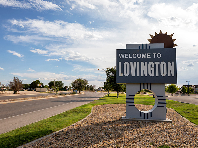 Welcome to Lovington! This distinctive entrance sign captures the essence of New Mexico with its clean lines and southwestern sun symbol.