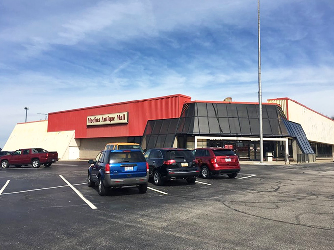Medina Antique Mall's bold red trim hints at the colorful collection of treasures housed within its walls.