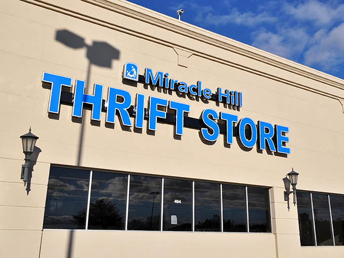Miracle Hill's bright blue sign shines like a beacon for bargain hunters. Where shopping and supporting the community become one joyful act.