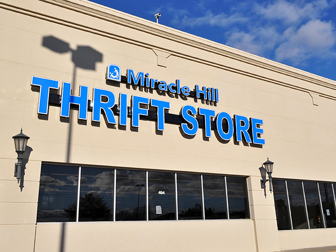Miracle Hill's bright blue signage stands as a beacon of hope for both your interior design ambitions and your dwindling bank account.
