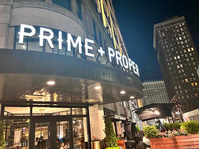 Prime + Proper's sleek, illuminated fa&ccedil;ade stands like a temple to carnivorous delights in downtown Detroit.