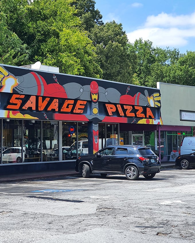 Savage Pizza's comic book-inspired storefront brings superhero energy to Little Five Points. Even Batman would ditch Gotham for a slice here.