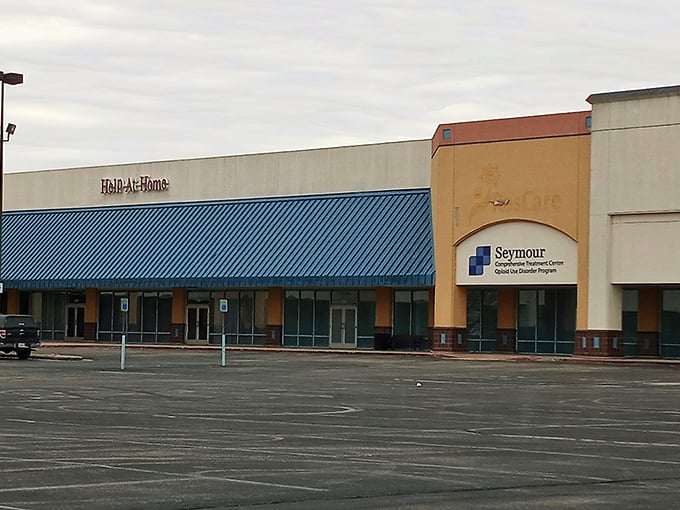 The blue-roofed storefronts of Shoppes at Seymour offer a low-key setting for high-value finds just off I-65.