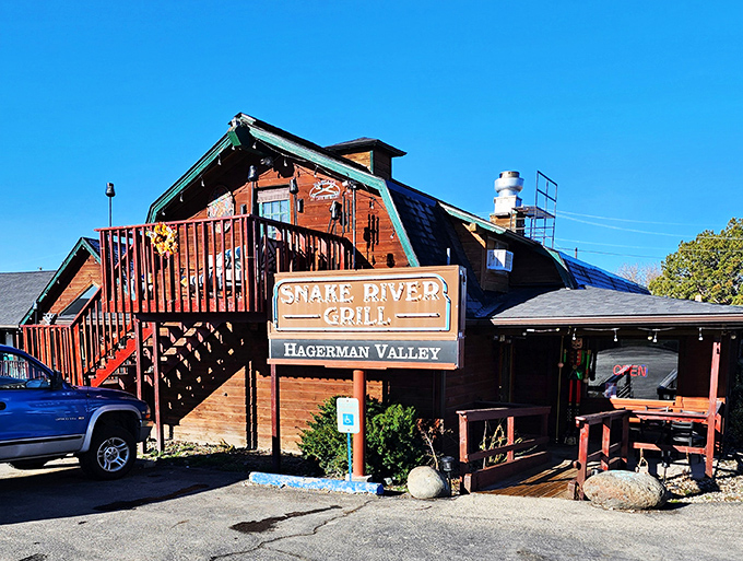 Snake River Grill's rustic barn aesthetic hints at the smoky, fire-kissed flavors waiting inside this Hagerman gem.