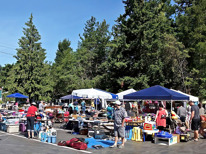 Outdoor vendors create a festive marketplace atmosphere. It's like a garage sale convention where everyone brought their A-game!