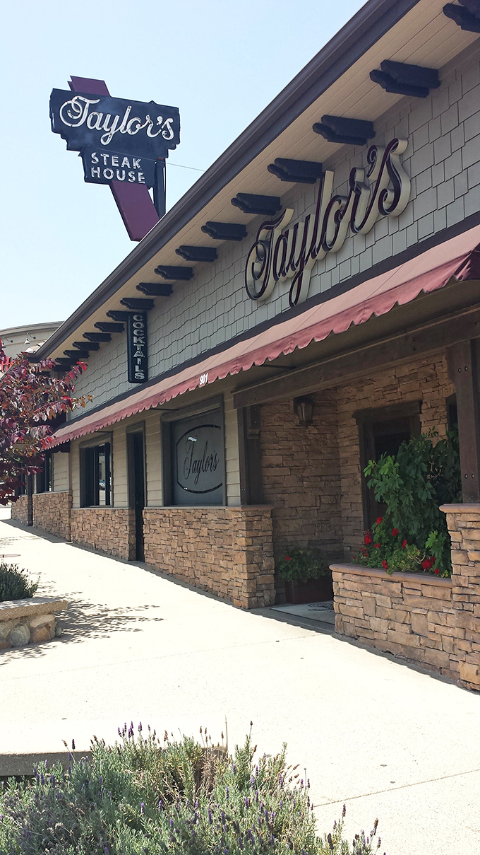 Taylor's classic signage has been guiding meat lovers home for generations. That stone exterior promises permanence in a changing world.