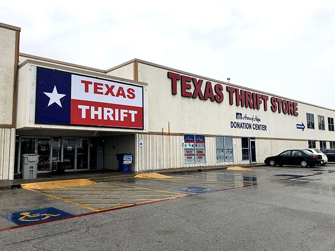 The bright red "Donation Drop-off" sign welcomes both givers and receivers to this thrifting wonderland.