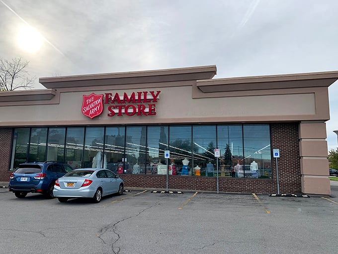 The Salvation Army's bright red sign promises treasures inside that won't break the bank.